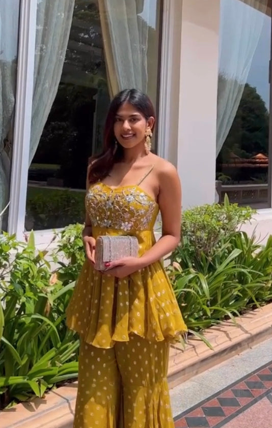 Divya Boppana in Mirror Work Corset Peplum And Fit'N'Flare Pant Set In ...