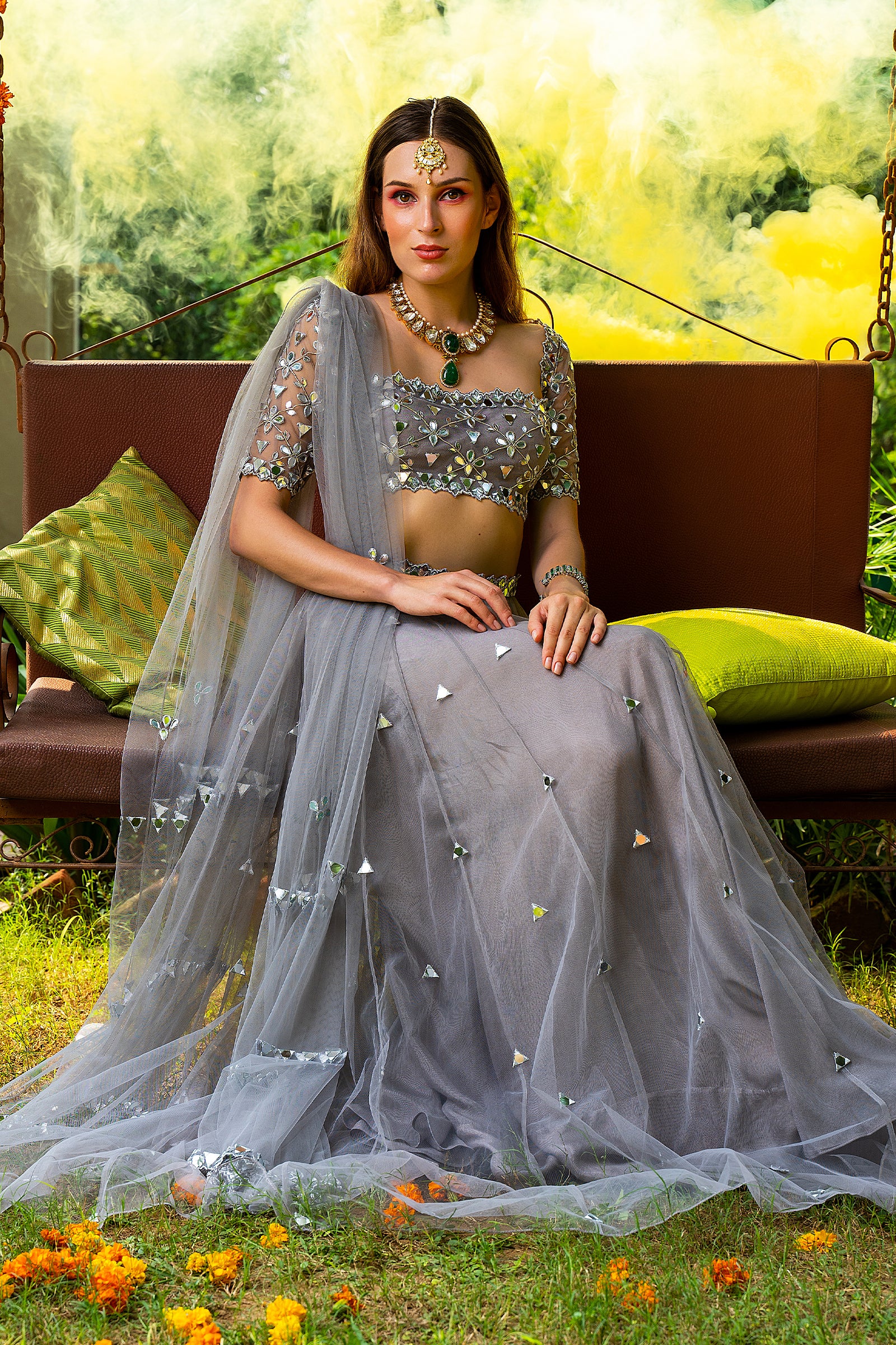 Tulle Mirror Lehenga With Net Square Neck Bustier And Tulle Dupatta ...